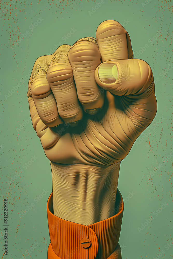 This detailed image captures a close-up of a raised fist, emphasizing ...