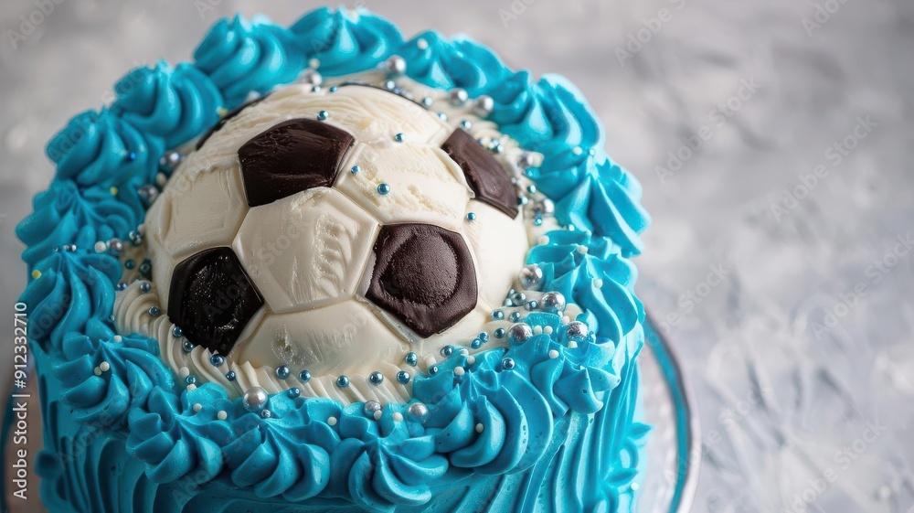 Soccer ball ice cream cake with bright blue frosting and silver ...