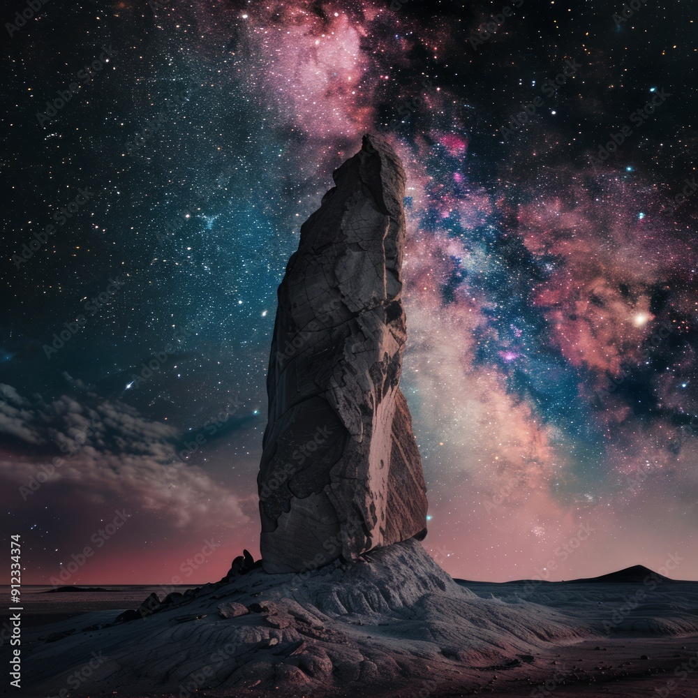 A towering rock formation under a starry night sky, the Milky Way ...