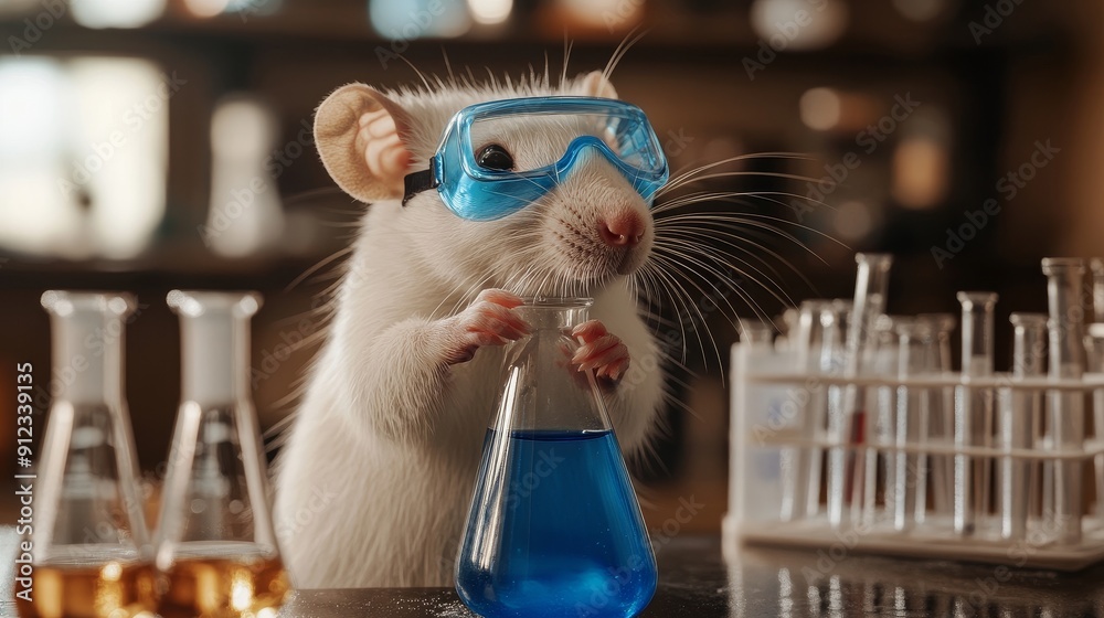 Standing in a chemical testing laboratory, a white lab rat holds a ...