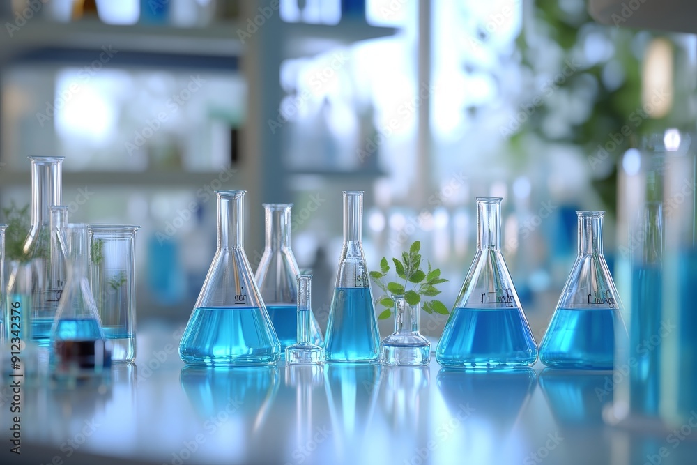 Chemical solutions and glassware are displayed on the workbench in an ...