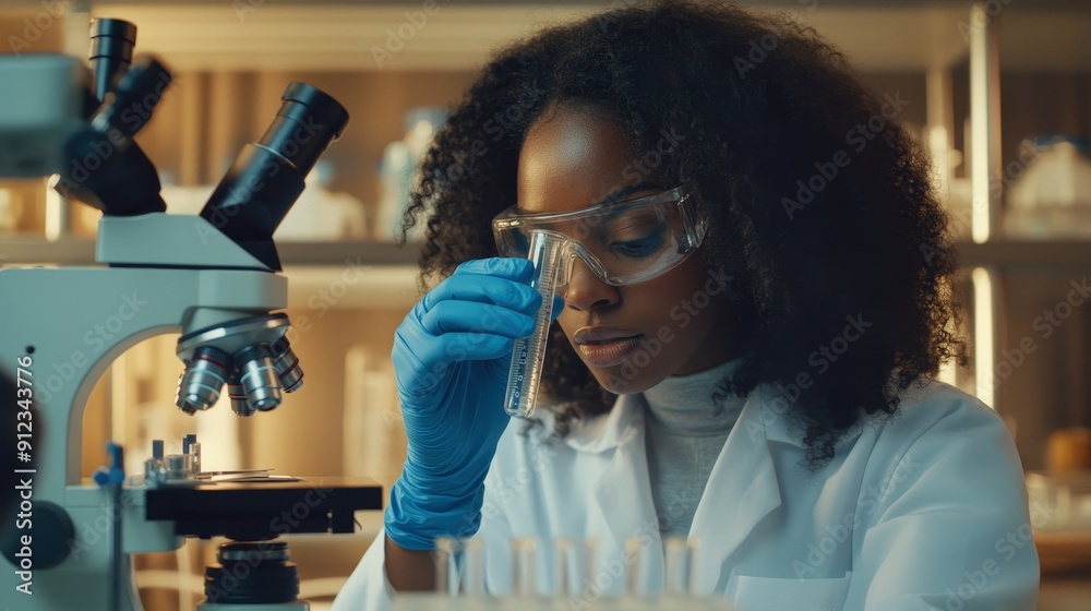 Biochemist with an African heritage using a microscope in a modern lab ...