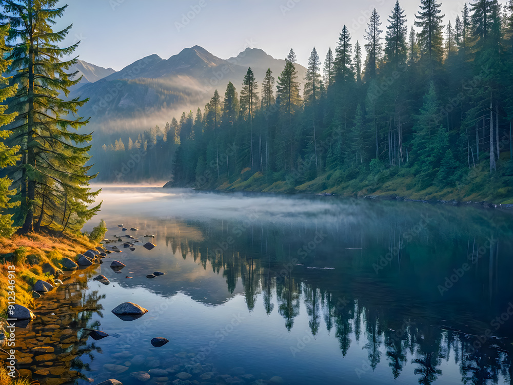 Beautiful nature scenery. Reflection in water of morning sunlight foggy ...