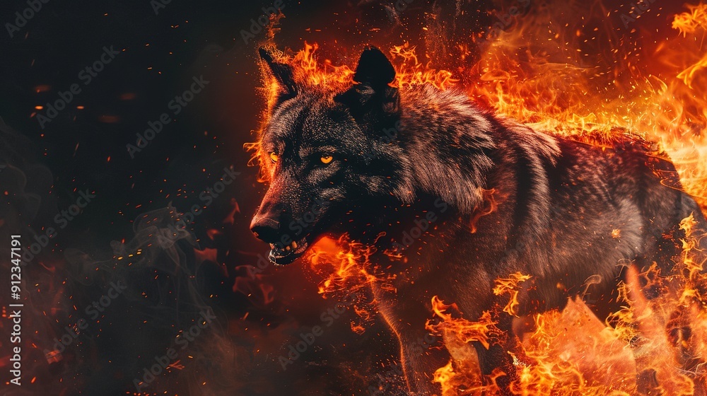 Fantasy Black Wolf in Flames, Fiery Ashes and Embers on a Black ...