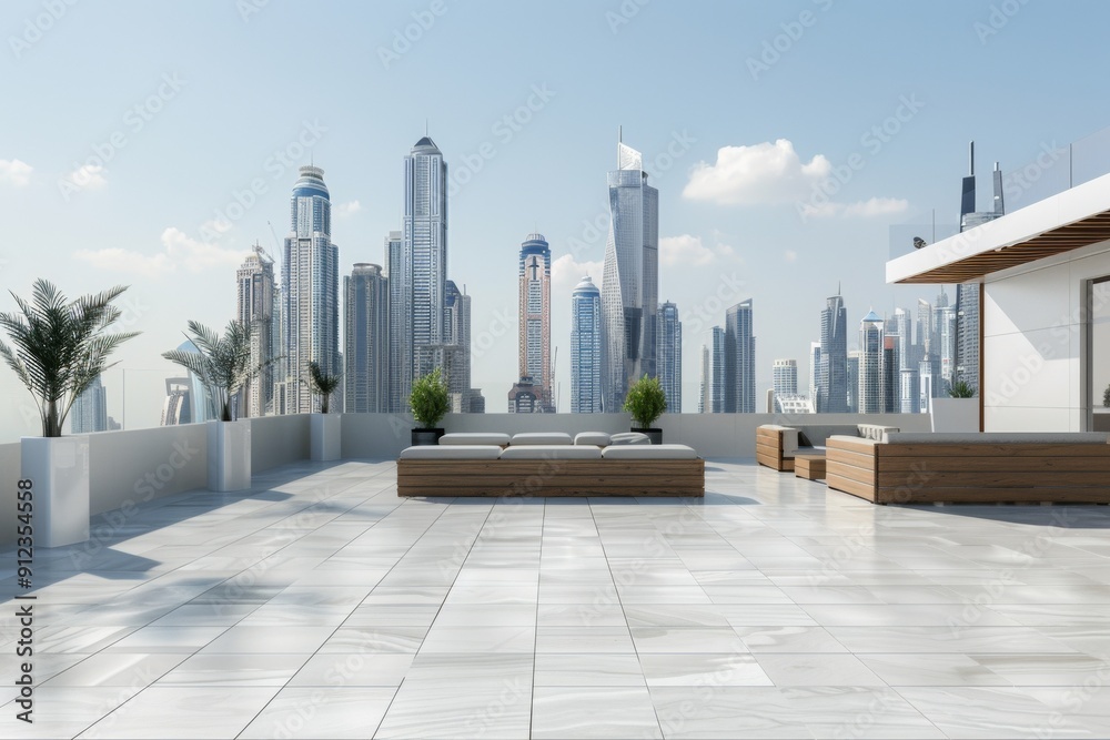 Modern rooftop terrace with minimalist design, featuring wooden ...