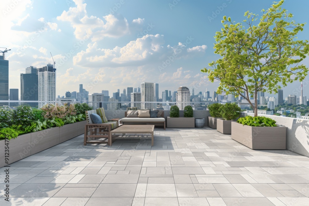 Modern rooftop terrace with minimalist design, featuring wooden ...