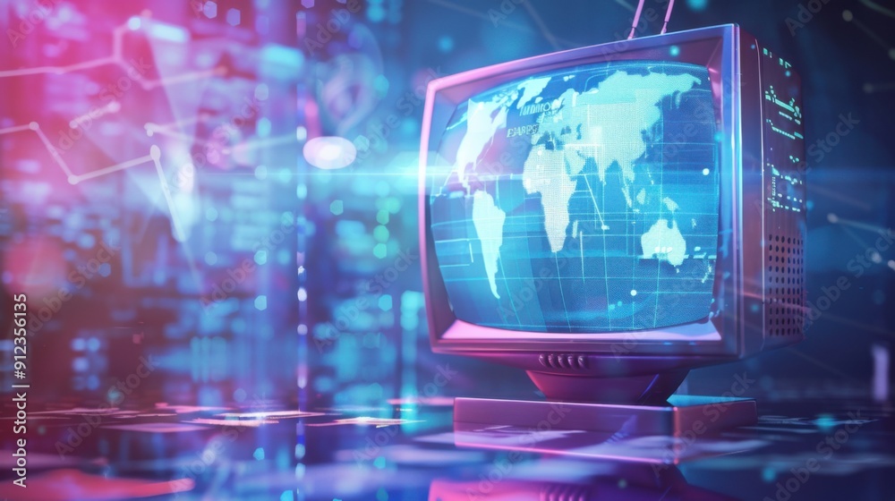World Television day. Retro TV with world map on screen on a purple ...