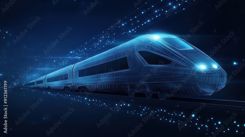 Abstract high speed train on dark blue background with glowing dots ...