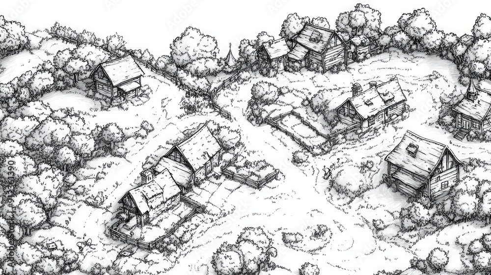 Clear and detailed village map featuring a bank, drawn in black and ...