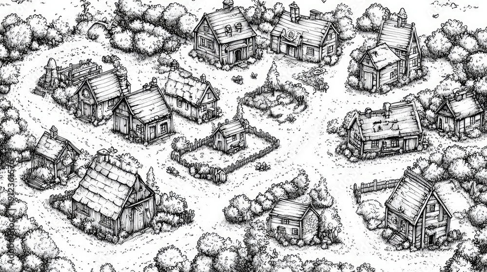 Clear and detailed village map featuring a bank, drawn in black and ...