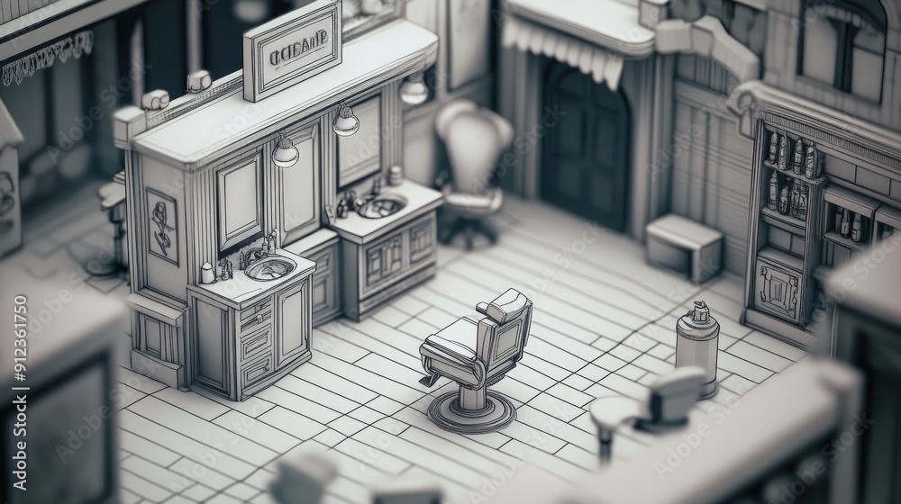 Clear and detailed map of a village barber shop, using thick and thin ...