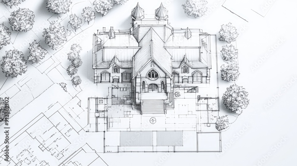Church blueprint with intricate details of floor plan, roof tiles, and ...