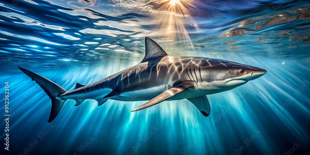 Majestic dorsal fin of a shark slices through crystalline waters ...