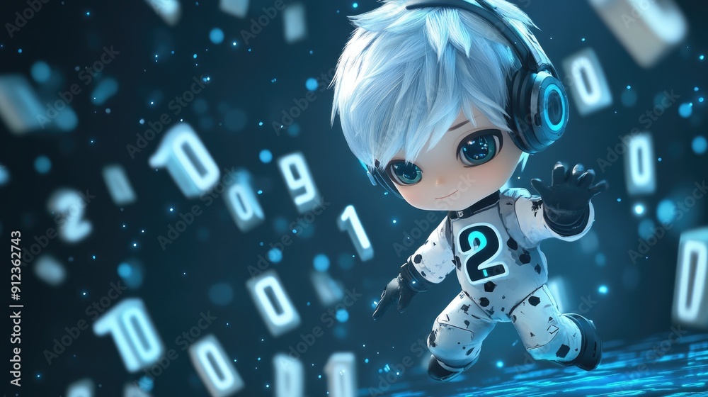 Chibi-style boy with silver hair, "2" logo outfit, tech elements ...