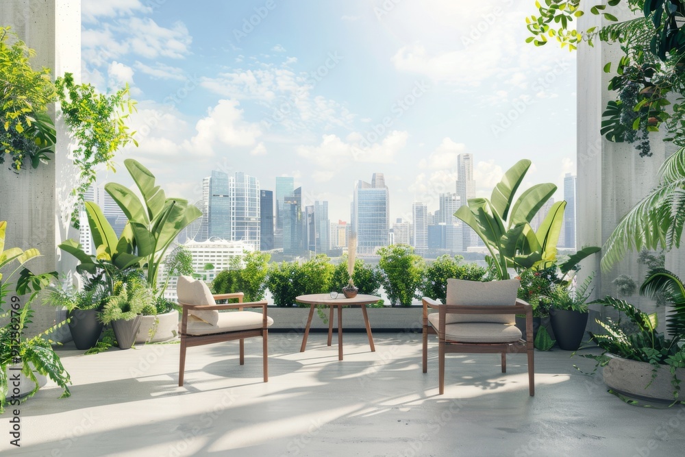 Modern rooftop terrace with minimalist design, featuring wooden ...