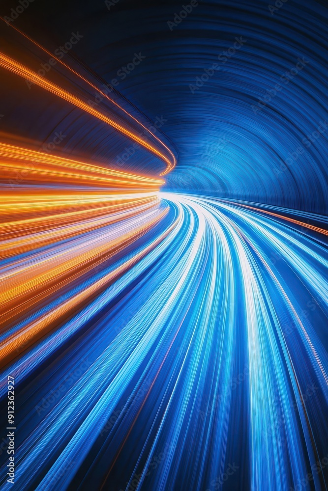 High speed tunnel with blue and orange light trails sense of speed and ...