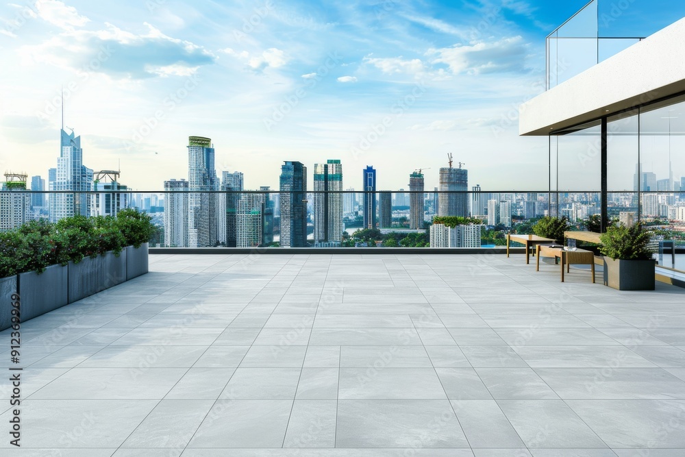 Modern rooftop terrace with minimalist design, featuring wooden ...