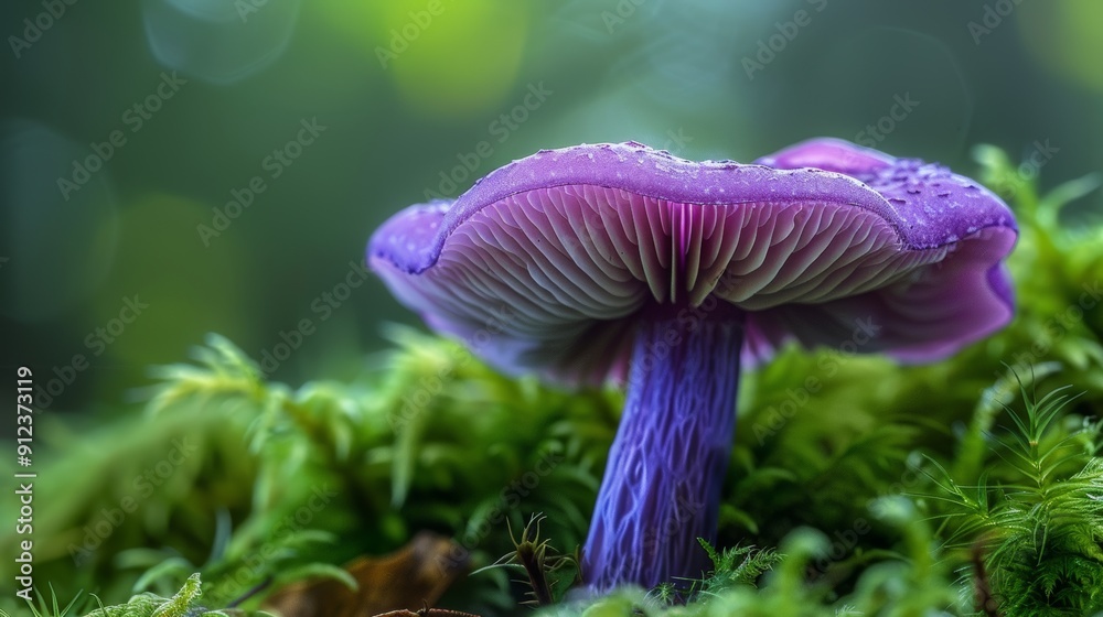 Purple mushroom, macro photography, mossy forest background, purple cap ...