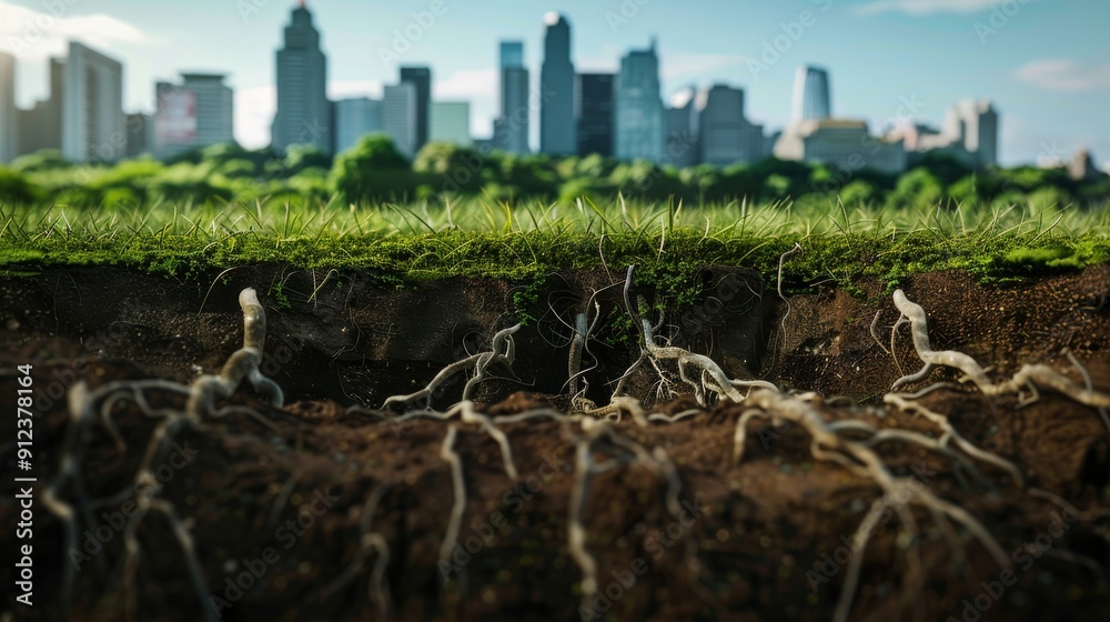 Front view showing soil cut with grass and a city on top, and a large ...