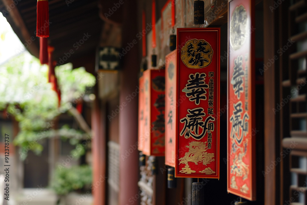 Ornate Lunar New Year Banners with Auspicious Symbols in Traditional ...