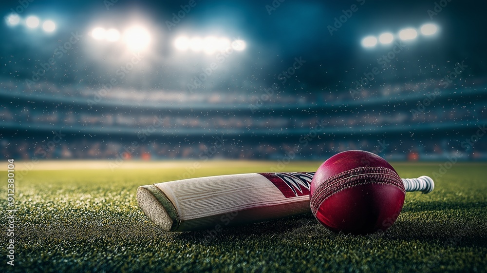 Cricket bat and ball on the field under stadium lights, perfect for e ...