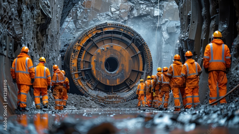 Engineers Inspecting Tunnel Boring Machine Head. Engineers in safety ...