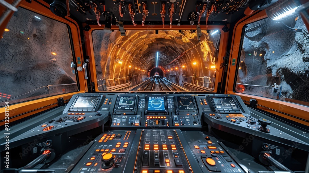 Control Room of Tunnel Boring Machine. Interior view of the control ...