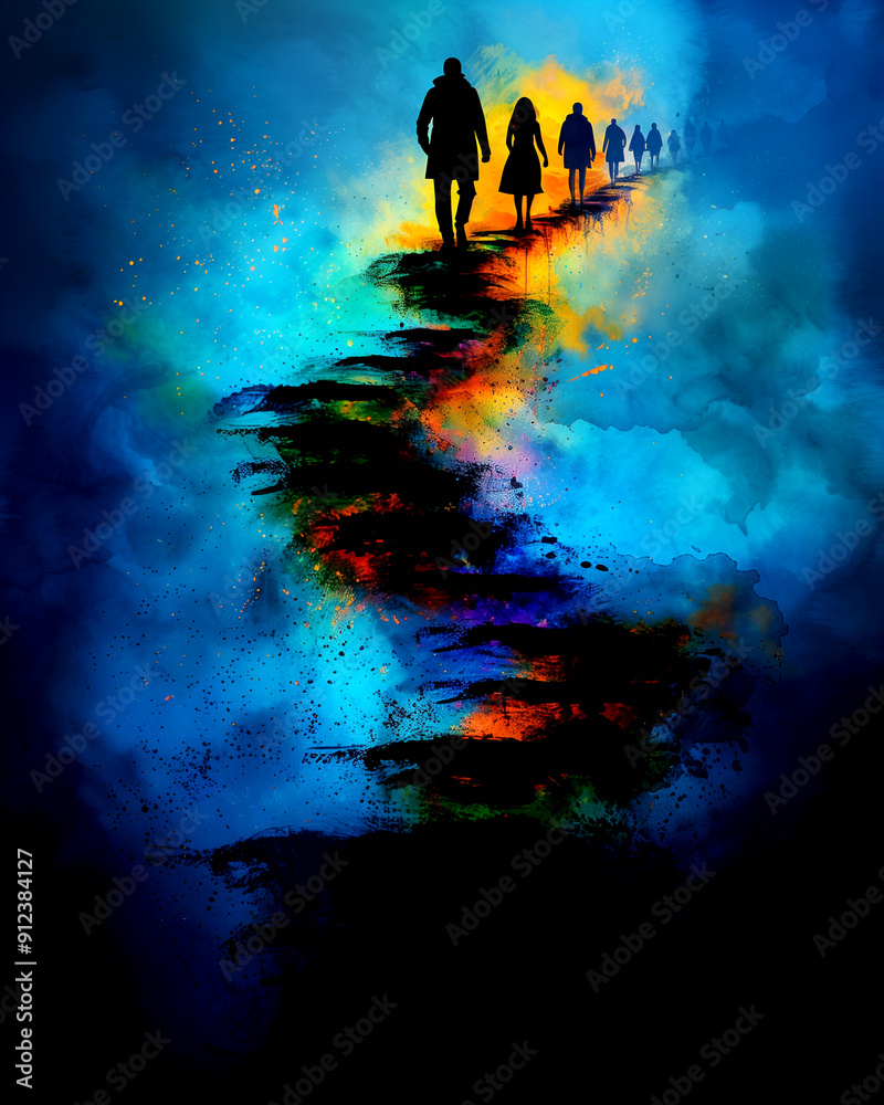 A painting of a group of people walking down a path with a blue sky in ...