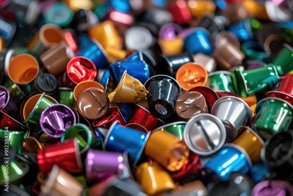 Used coffee machine capsules. Pile of mixed colorful coffee capsules ...