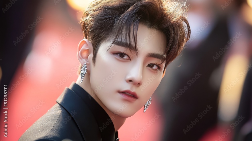 K-pop Idol Male with Stylish Hair and Diamond Earrings Posing on Red ...