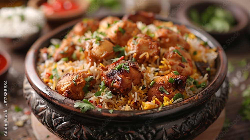 Traditional Indian cooking pot filled with flavorful chicken biryani ...