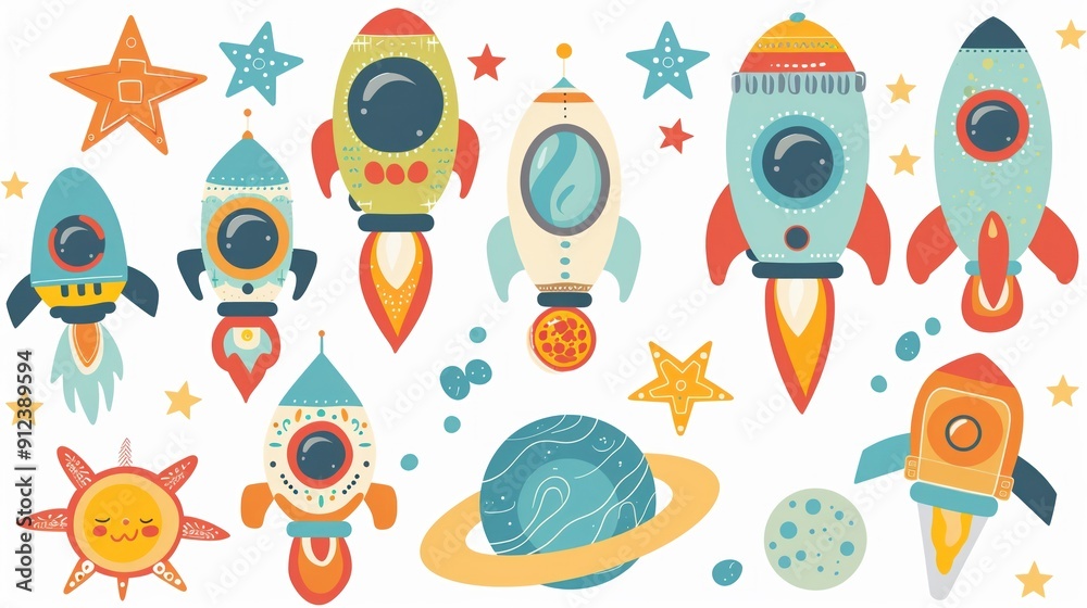 Cute clipart of space-themed items rockets and stars Stock Illustration ...
