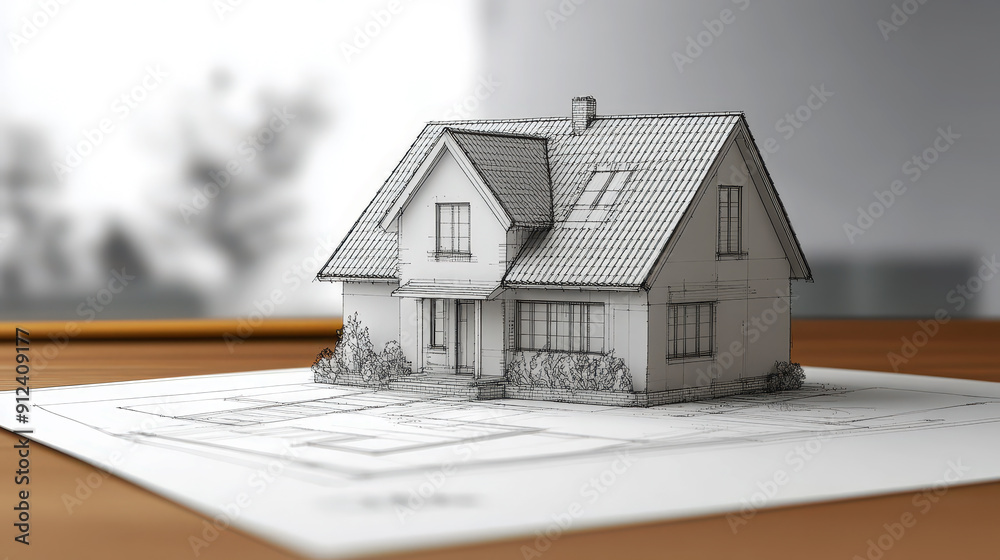 3D model of an architectural house on top of blueprints, on a table ...