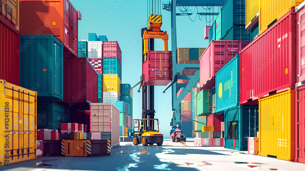 Industrial port with containers box, Containers and red car at the ...