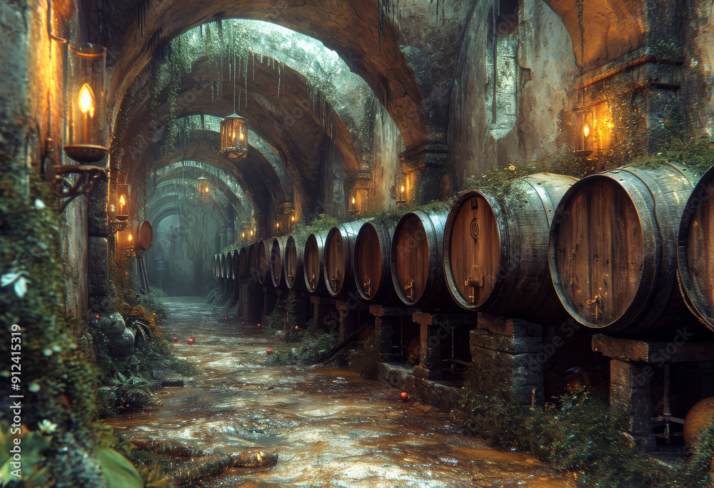 A dark, damp, and creepy cellar with many barrels. The atmosphere is ...