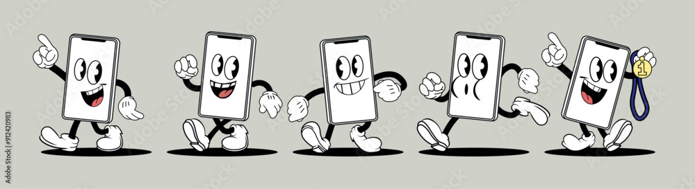 Smartphone character construction kit. Retro cartoon mascot set, mobile ...
