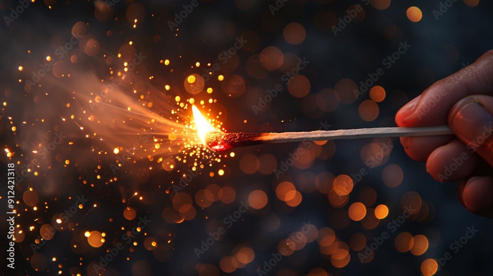 Hand using a match to light a red firecracker, closeup, showcasing ...