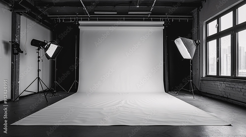 Blank white studio environment paired with a solid black background ...