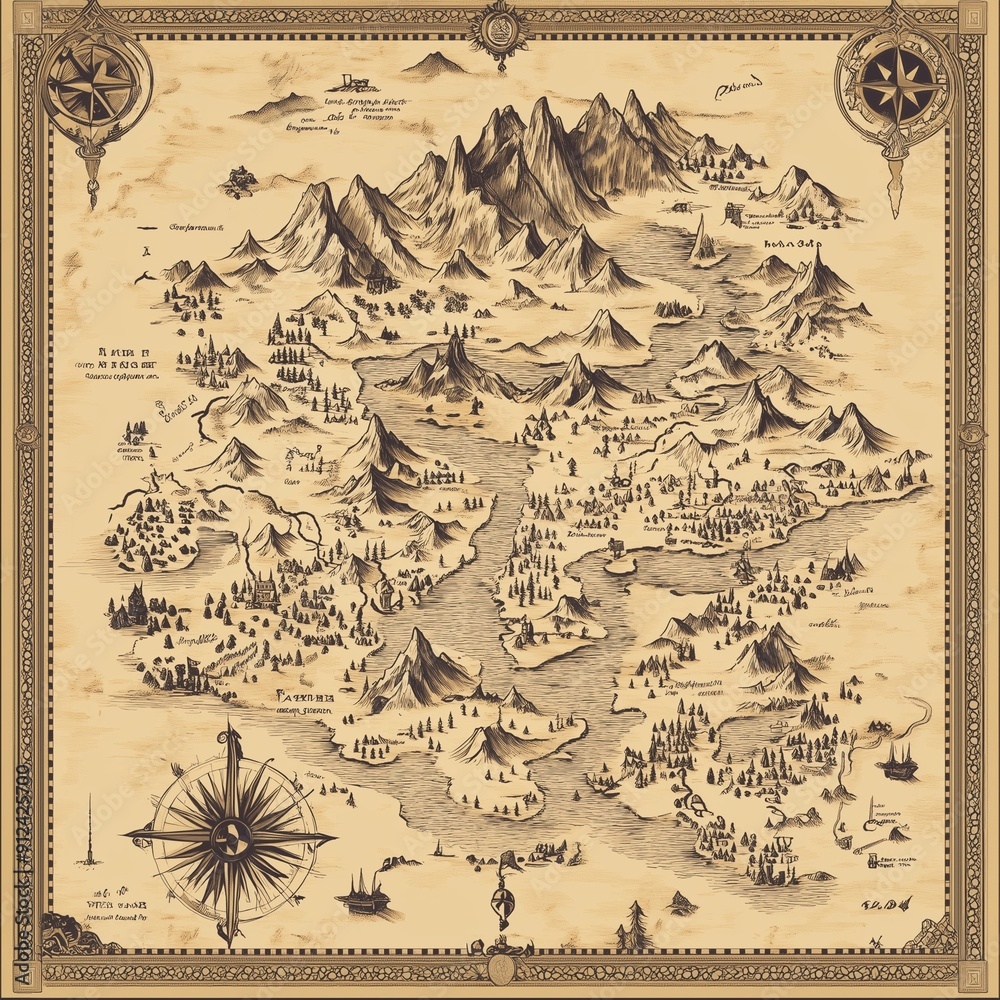 Old style fantasy map with mountains, rivers, forests, and a compass ...