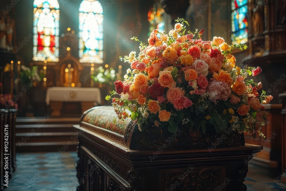 solemn funeral scene in historic church ornate coffin adorned with ...