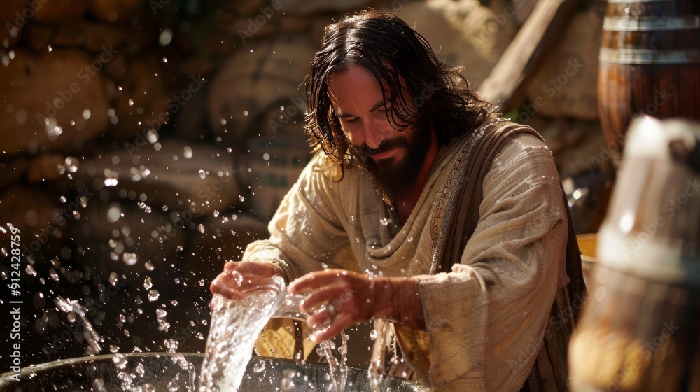 Realistic photo of jesus miraculously turning water into wine ...