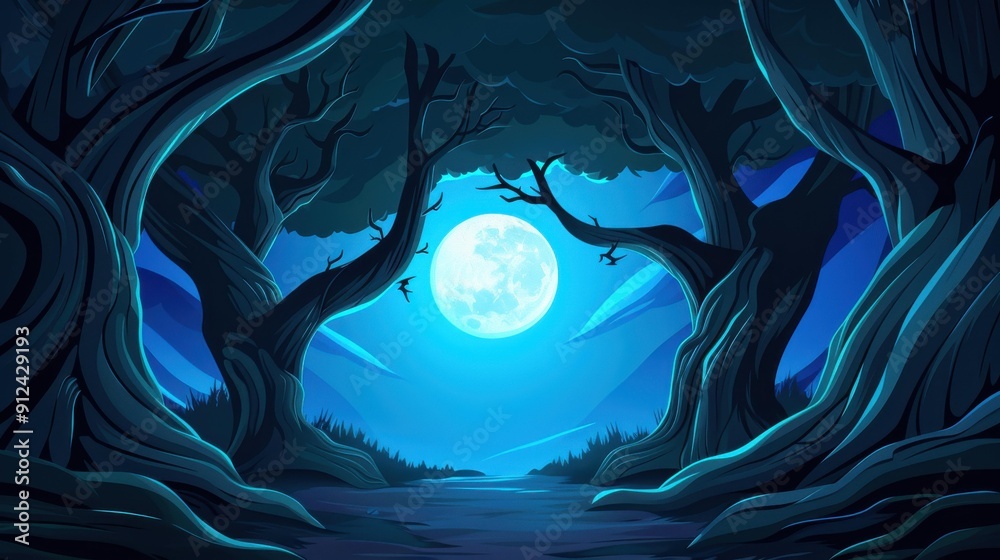 Wander a haunted path through twisted trees under a bright full moon in ...