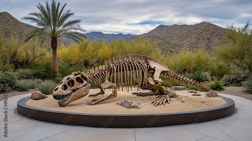 Dinosaur skeleton fossil surrounded by desert plants and rocks Stock ...
