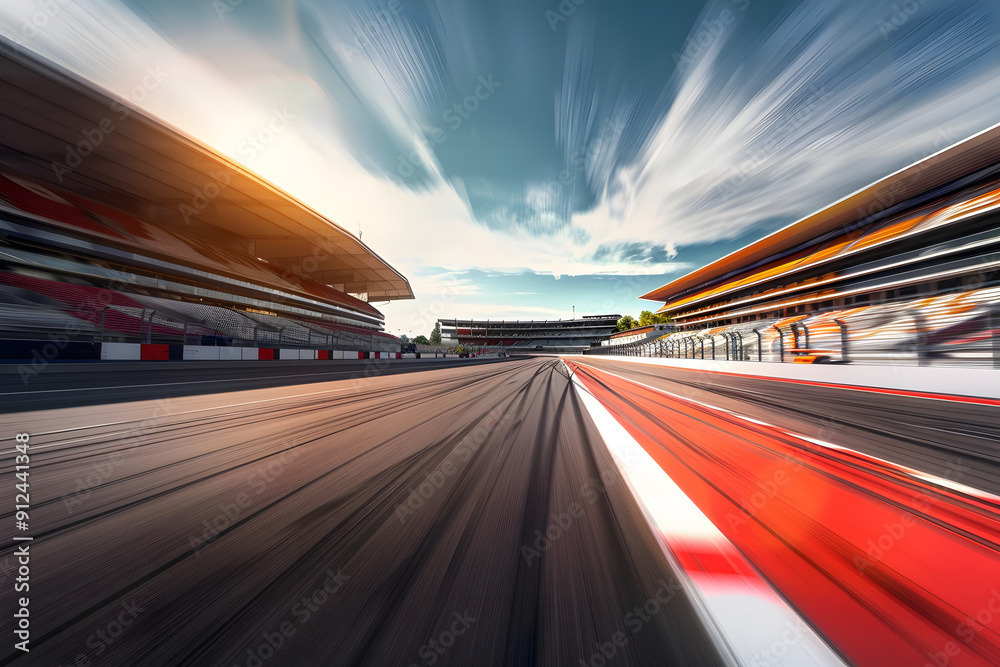 An F1 race track circuit road, depicted with motion blur, features a ...