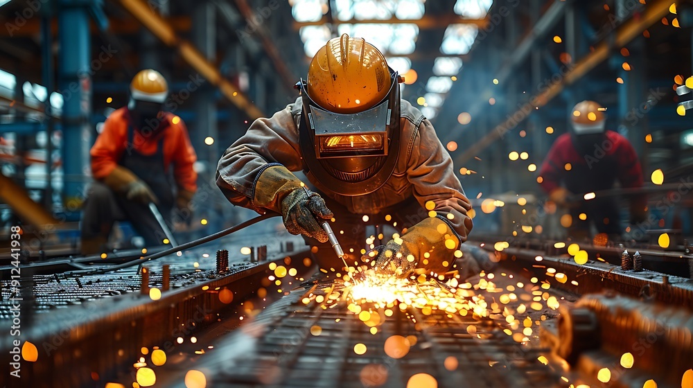 A detailed close-up of construction workers welding steel beams for a ...