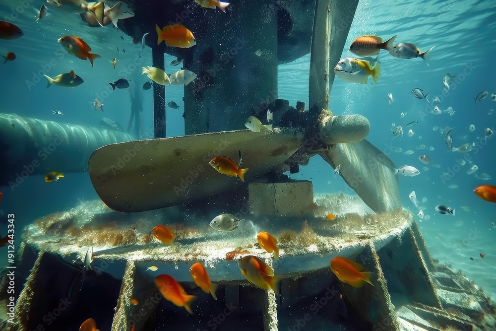 An underwater view of an offshore wind turbine's foundation, with ...