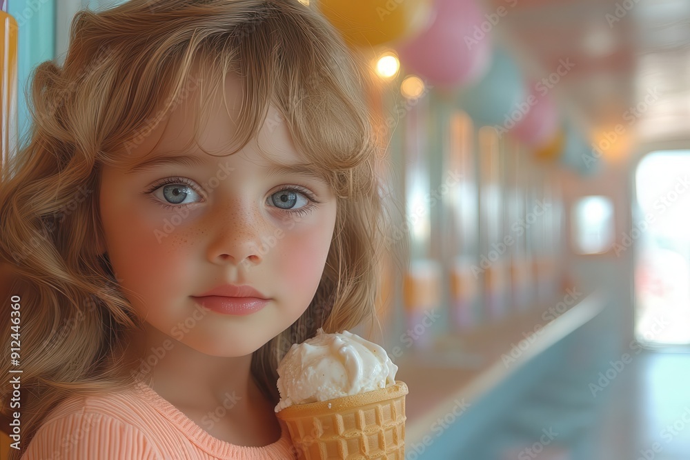 whimsical ice cream parlor child with oversized waffle cone playful ...