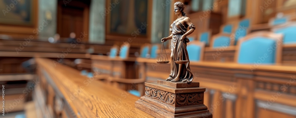 Statue of Lady Justice in a Grand Ornate Courtroom with Wooden Benches ...