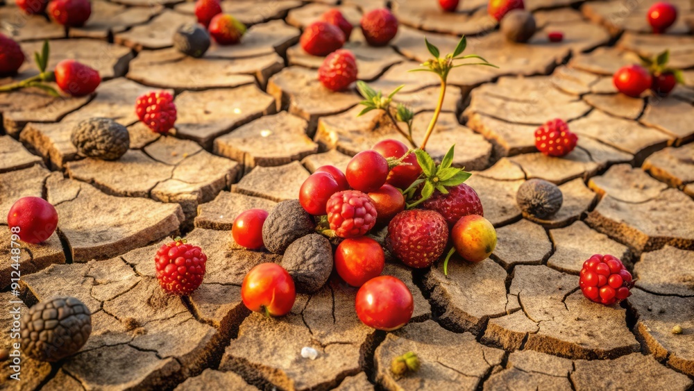 Wilted berries shrivel on parched earth amidst cracks, emphasizing devastating climate change ...
