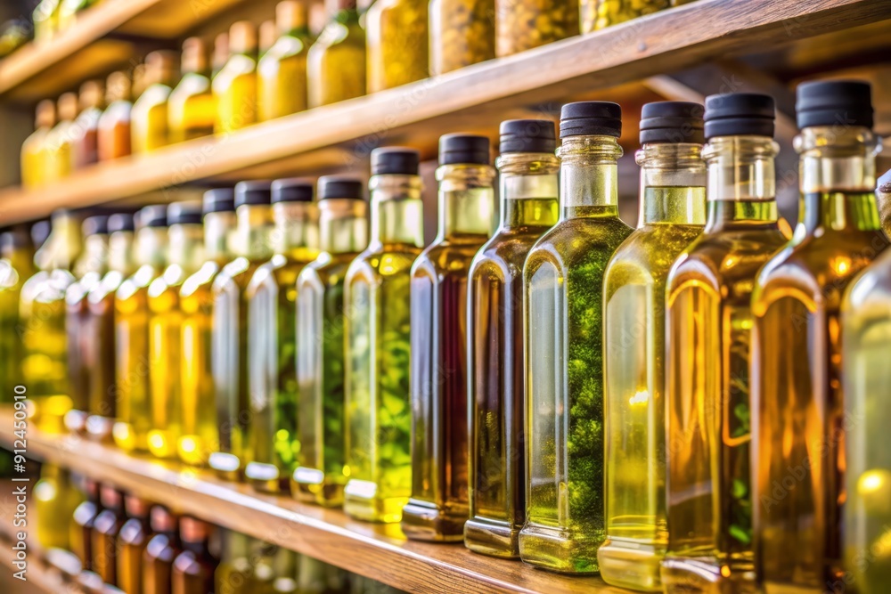 Assorted high-quality olive oil bottles from various brands line a ...